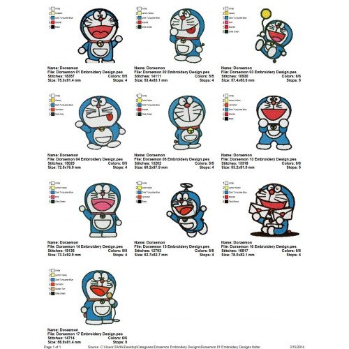 Package 10 Doraemon 01 Embroidery Designs